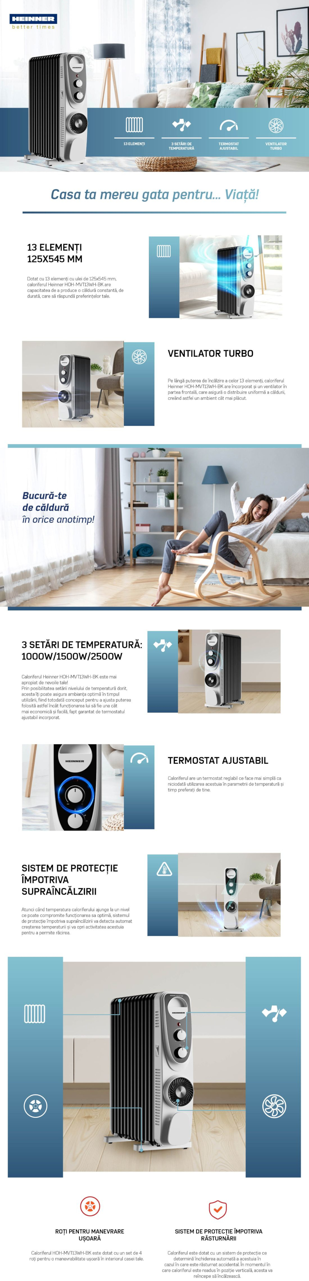 Heinner Calorifer electric HOH-MVT13WH-BK, 2500 W, 13 elementi, Cu ulei ...