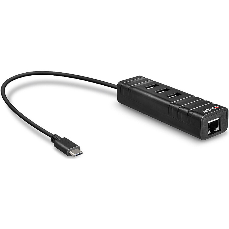 Hub USB LINDY 3 porturi, USB 3.1 + RJ-45, Black - PC Garage